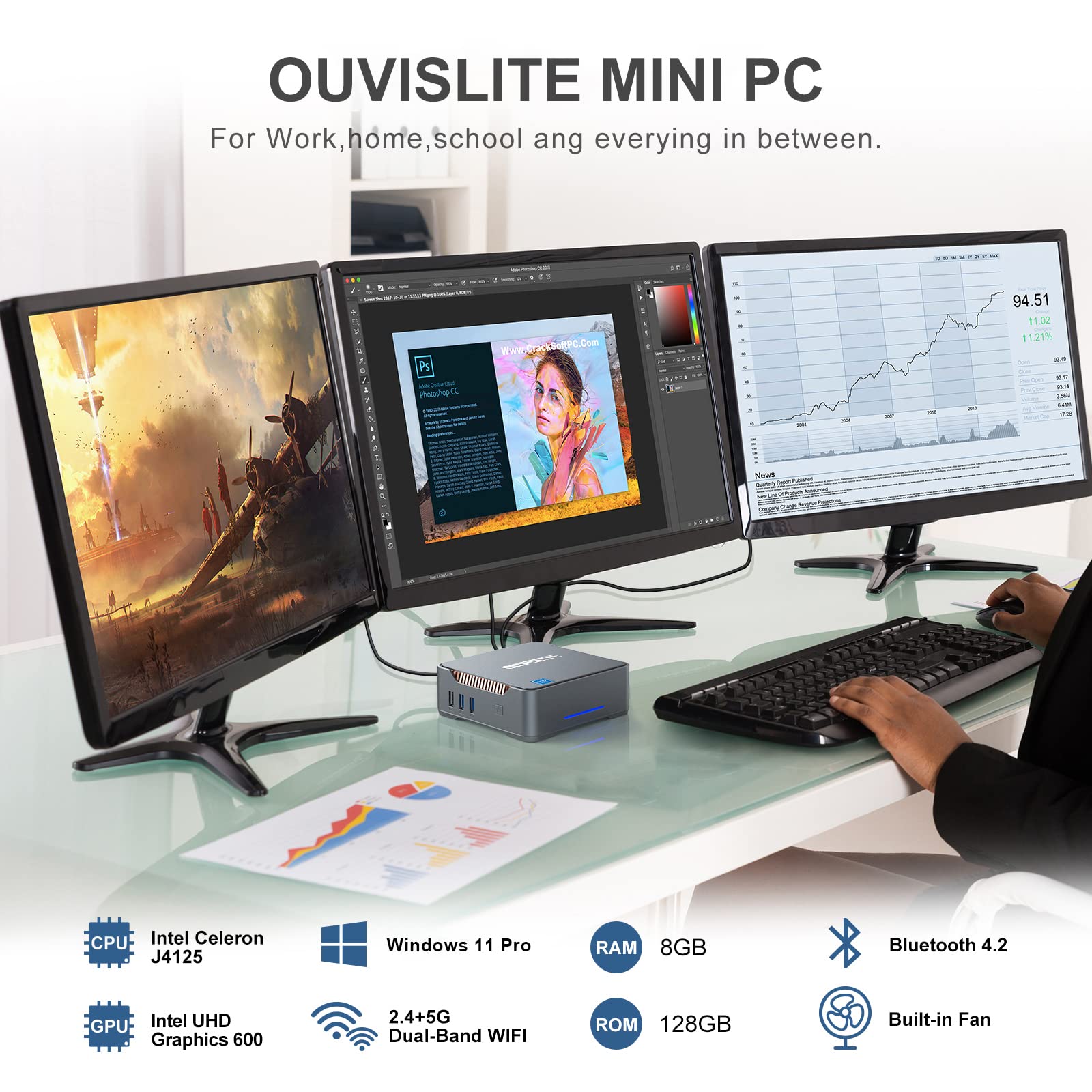 OUVISLITE Mini PC Window 11 Pro with Ιntel Celeron J4125 (Up to 2.7GHz), 8GB DDR4 128GB SSD Mini Computer Small Desktop PC Support 2TB Expansion, 4K HDMI, Triple Display, Dual WiFi, BT4.2, HTPC