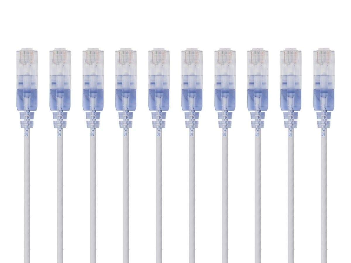 Monoprice Cat6A Ethernet Patch Cable - Snagless RJ45, 550Mhz, 10G, UTP, Pure Bare Copper Wire, 30AWG, 10-Pack, 7 Feet, White - SlimRun Series