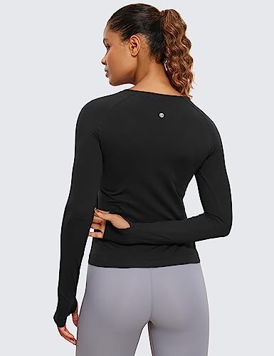 CRZ YOGA Womens Seamless Ribbed Workout Long Sleeve Shirts Quick Dry Gym Athletic Tops Breathable Running Shirt Black Medium