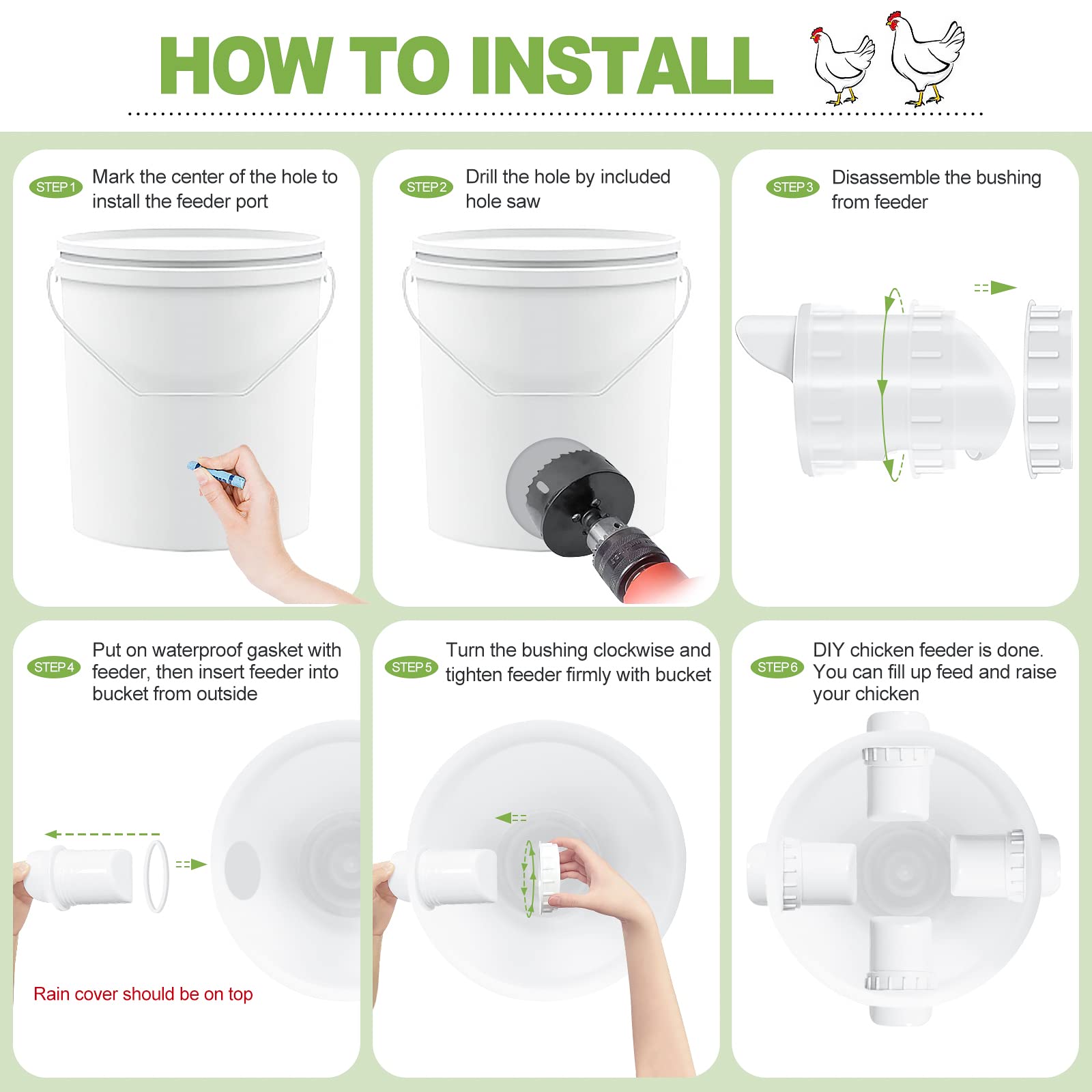 Chicken-Feeder,Chicken-Feeders-no-Waste,Chicken-Feeder-Port, Automatic Poultry Feeder Kit for Buckets, Barrels, Bins. (No Bucket), 6 Ports and a Holesaw Included