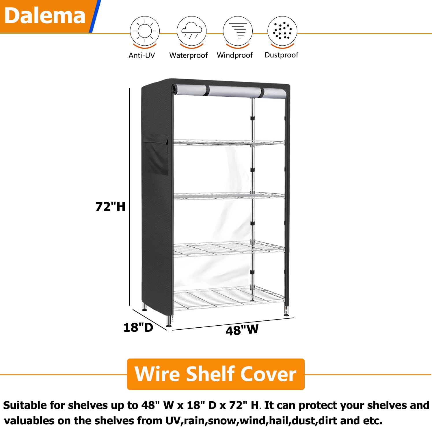 Dalema Waterproof Shelf Cover,600D Heavy Duty Dustproof Storage Wire Rack Covers,Outdoor Shelving Covers for Wire Shelves with Zipper 48''x18''x72'',Black,Cover Only
