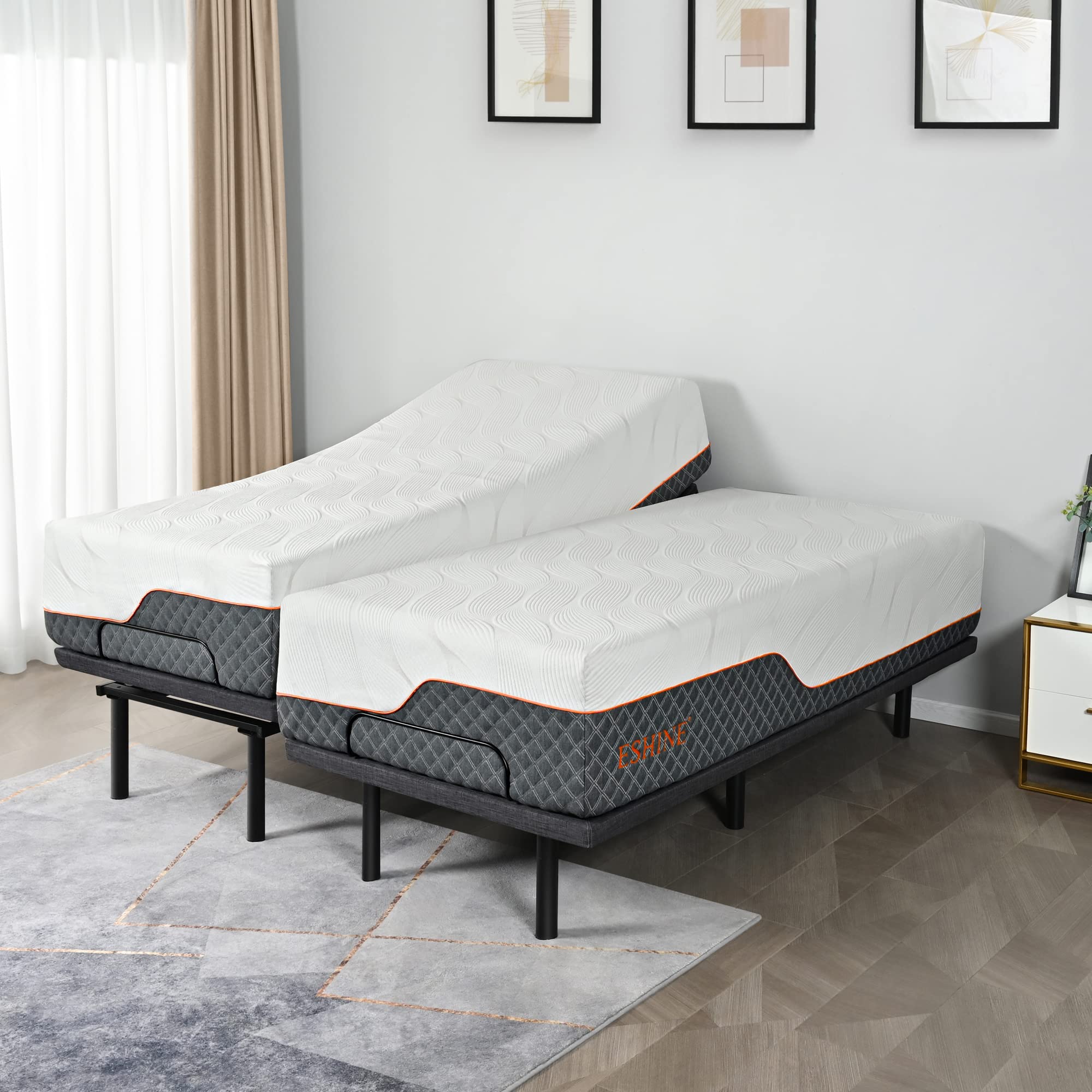 ESHINE 14" Hybrid Mattress Twin XL + Adjustable Bed Frame - Luxury Gel Memory Foam, Upholstered Bed Frames with Massage, USB, Under Bed Night Light, Head and Foot Incline, Split King