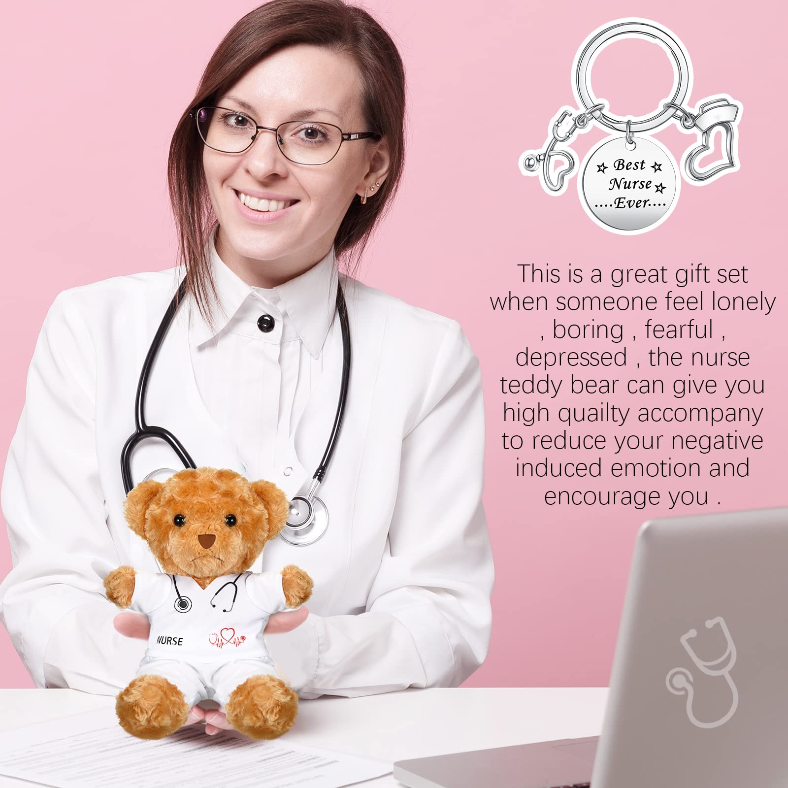 Hinly 2 Pcs Nurse Appreciation Gifts Nurse Bear Plush Toy Stuffed Animal Nurse Keychain Doctor Practitioner Graduation Gifts(White)