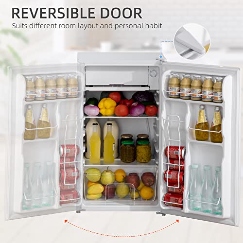 HOMCOM Mini Fridge with Freezer, 3.2 Cu.Ft Compact Refrigerator with Adjustable Shelf, Mechanical Thermostat and Reversible Door for Bedroom, Dorm, White