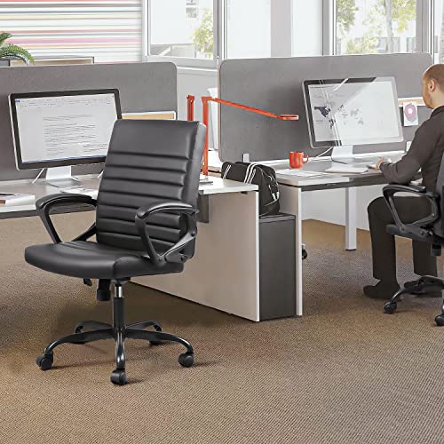 Devoko Office Chair Mid Back Desk Chair PU Leather Executive Office Chair Ribbed Computer Task Chair Swivel Rolling Chair with Padded Arms and PU Wheels, Black