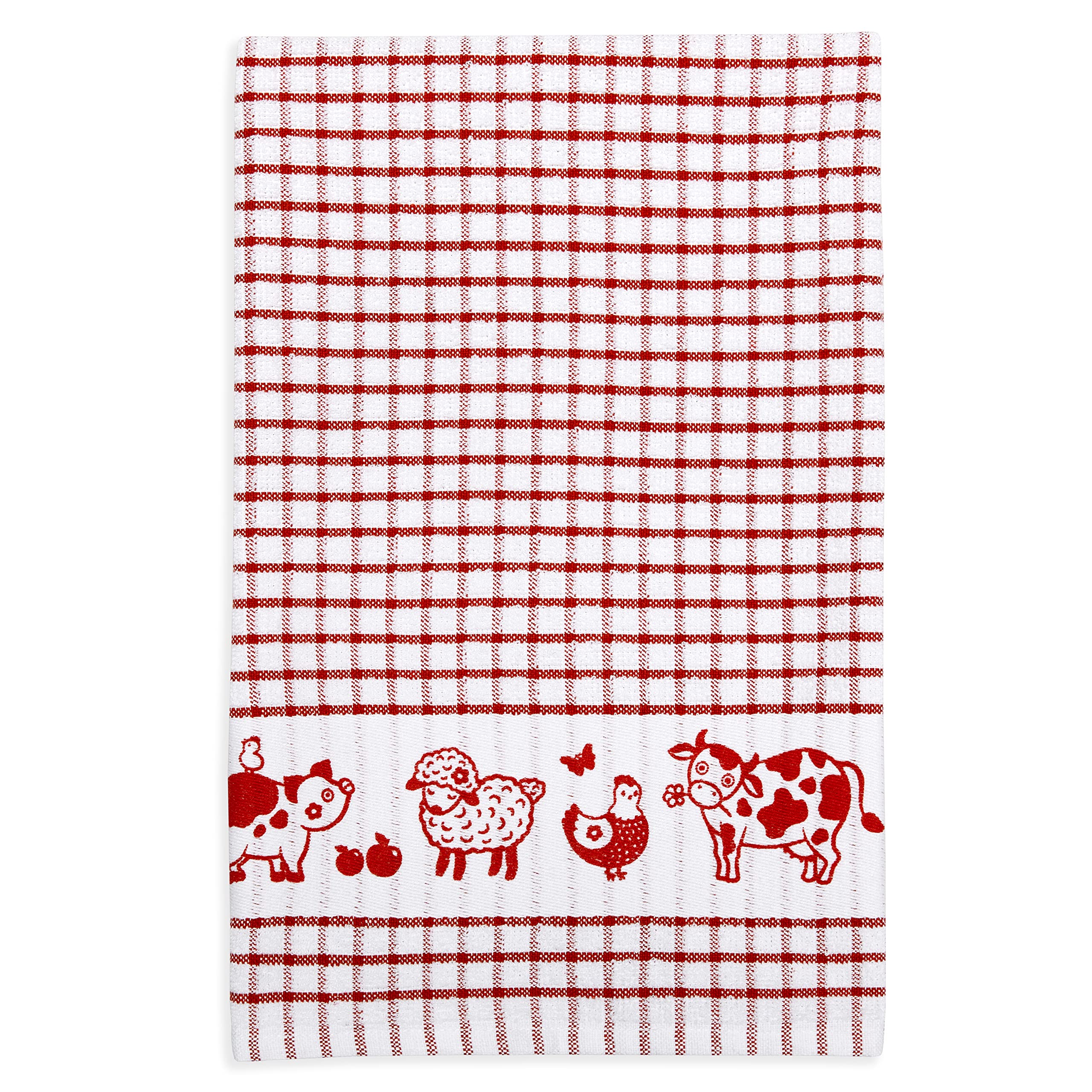Cackleberry Home Barnyard Animals Windowpane Check Cotton Terrycloth Kitchen Towels, Set of 4 (Red)