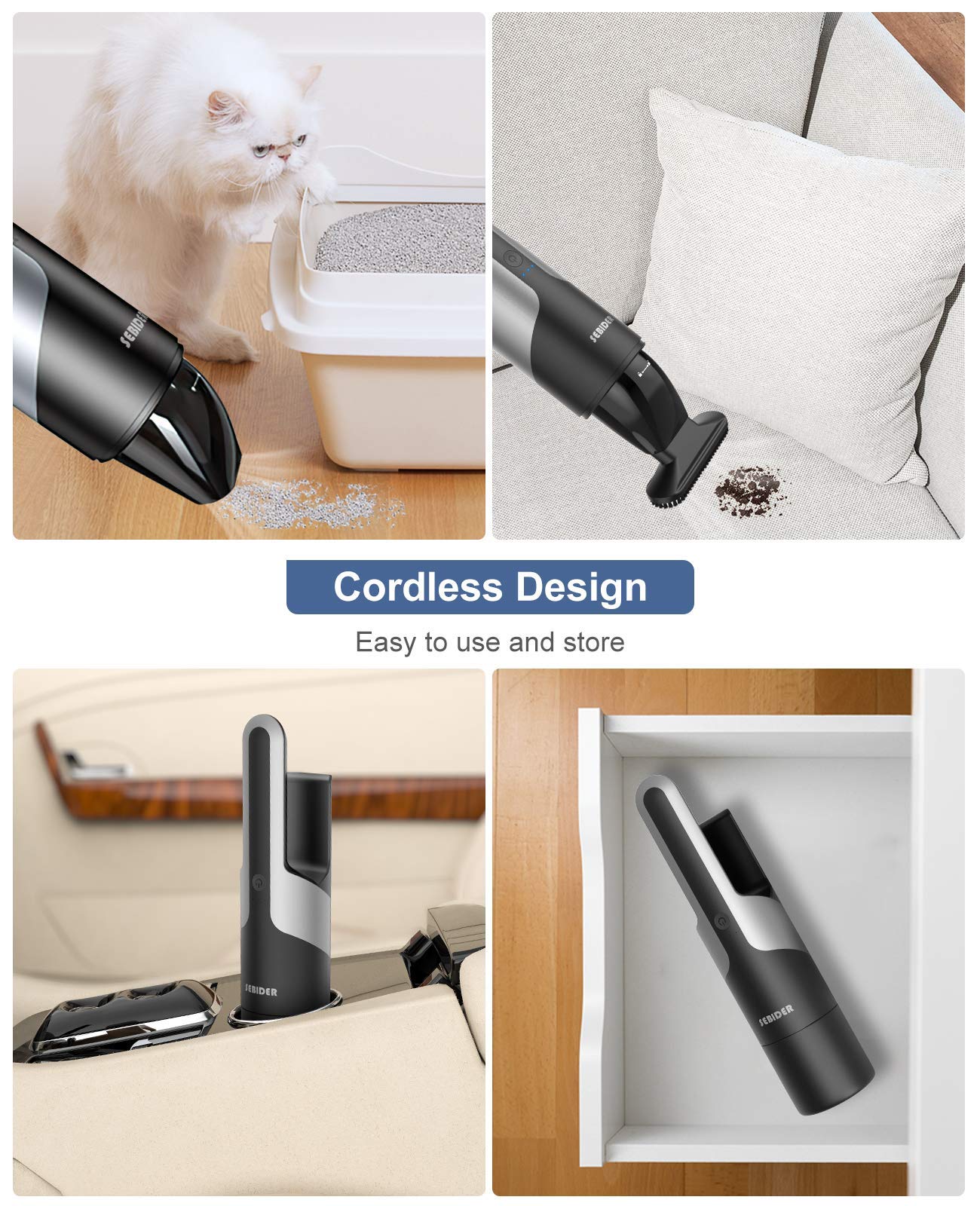 SEBIDER Handheld Vacuum Cleaner 8000Pa Cordless Hand Mini Car Vacuum Rechargeable Portable Vac for Pet Hair, Home, Carpet, Car Cleaning(Black Gray)