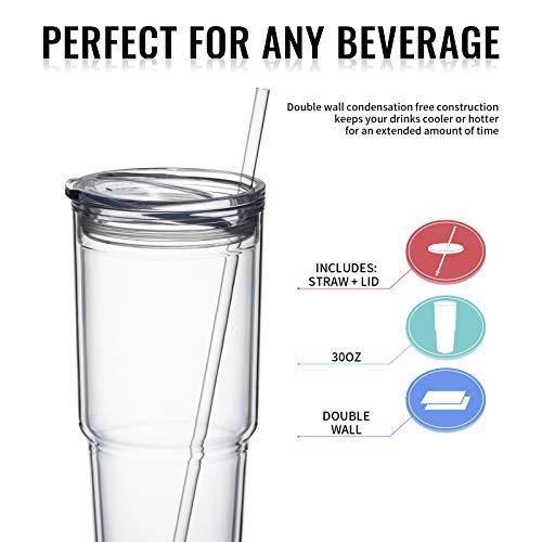 MEWAY 30oz/2 pcs Classic Insulated Tumblers,Double Wall Acrylic Tumbler with Lid,Reusable Plastic Insulated Tumblers with Straw,for cold drinks, sand ice, whatever you like(transparent,2 pack)