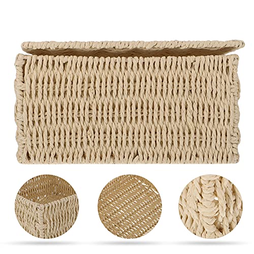 Cabilock 3pcs Drawer Bedroom Wicker Handwoven Vanity Bin Small Organizer Rattan Table Lid Gift Fruit Bathroom Laundry Bread Decorative Square Organizing Straw Flower Paper with Storage