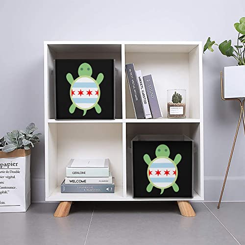 Chicago Flag Turtle Foldable Storage Bins Printd Fabric Cube Baskets Boxes with Handles for Clothes Toys, 11x11x11
