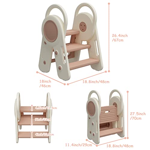 Benarita Step Stool for Toddler 3 Step Stool, Kids Foldable Step Stool for Bathroom Sink, Kitchen Counter Standing Tower, Step Ladder with Handles and Non-Slip Pads for Toilet Potty Training,Pink