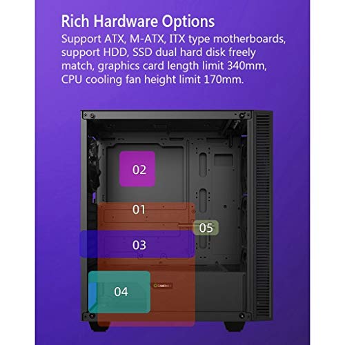 HDYD ATX Case,Mid-Tower PC Gaming Case ATX/M-ATX/ITX - Front I/O USB 3.0 Port - Tempered Glass Side Panel - 6 Fan Position - Support 200mm Fan Installation