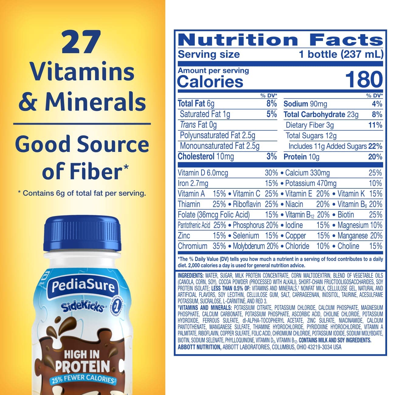 PediaSure Sidekicks Nutrition Drink, Chocolate, 8 fl oz, 24 Count. (Packaging May Vary)