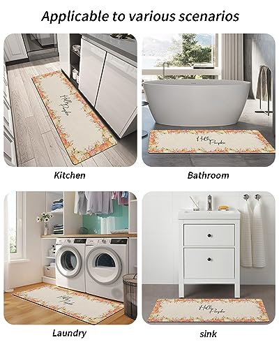 Elegant Flower Pumpkins Bath Mat for Tub,Non Slip Bathroom Floor Runner Rug Quick Dry & Absorbent Diatomaceous Earth Shower Sink Kitchen Washable Doormat,Fall Aesthetic Eucalyptus Leaves 20"x47"