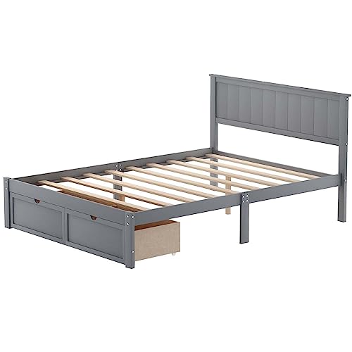 Full Size Platform Bed Frame with Under-Bed Drawers & Headboard, Platform Bed with No Box Spring Needed, Sturdy Wooden Slats Support for Bedroom Small Living Space Boys Girls Room (Gray, Full)