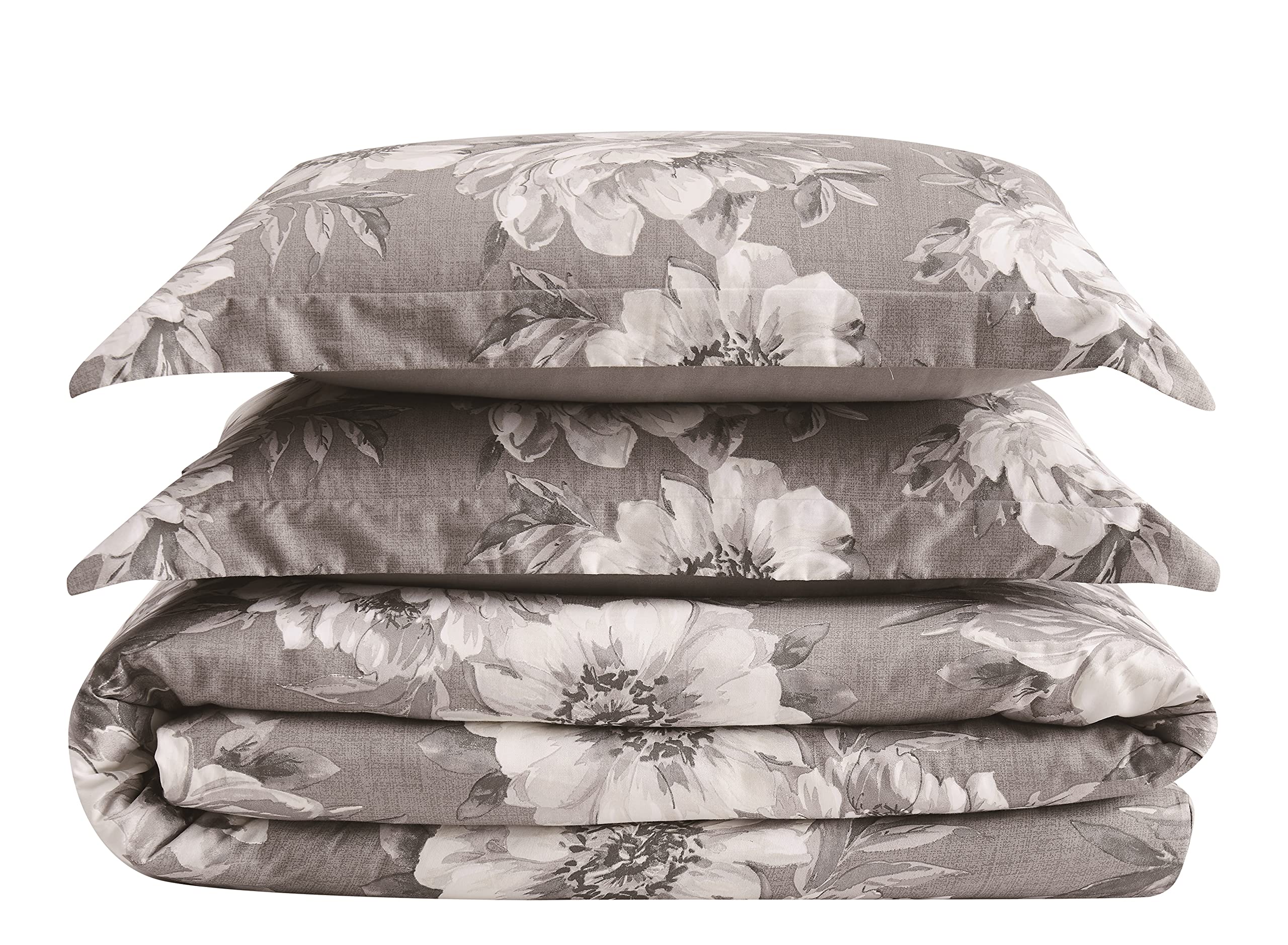 Cottage Classics - Full/Queen Rochelle Floral 3-Piece Farmhouse Style Duvet and Sham Set - Bold Floral Print - Grey