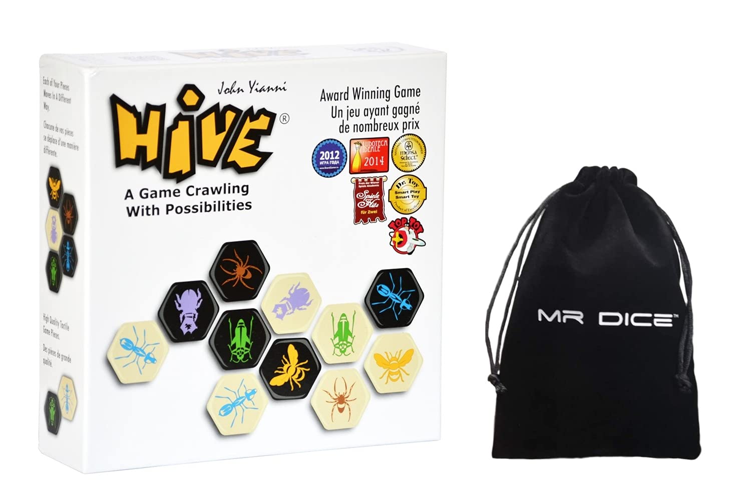 Hive Board Game - A Game Crawling with Possibilities Bundle with Mr Dice Drawstring Bag