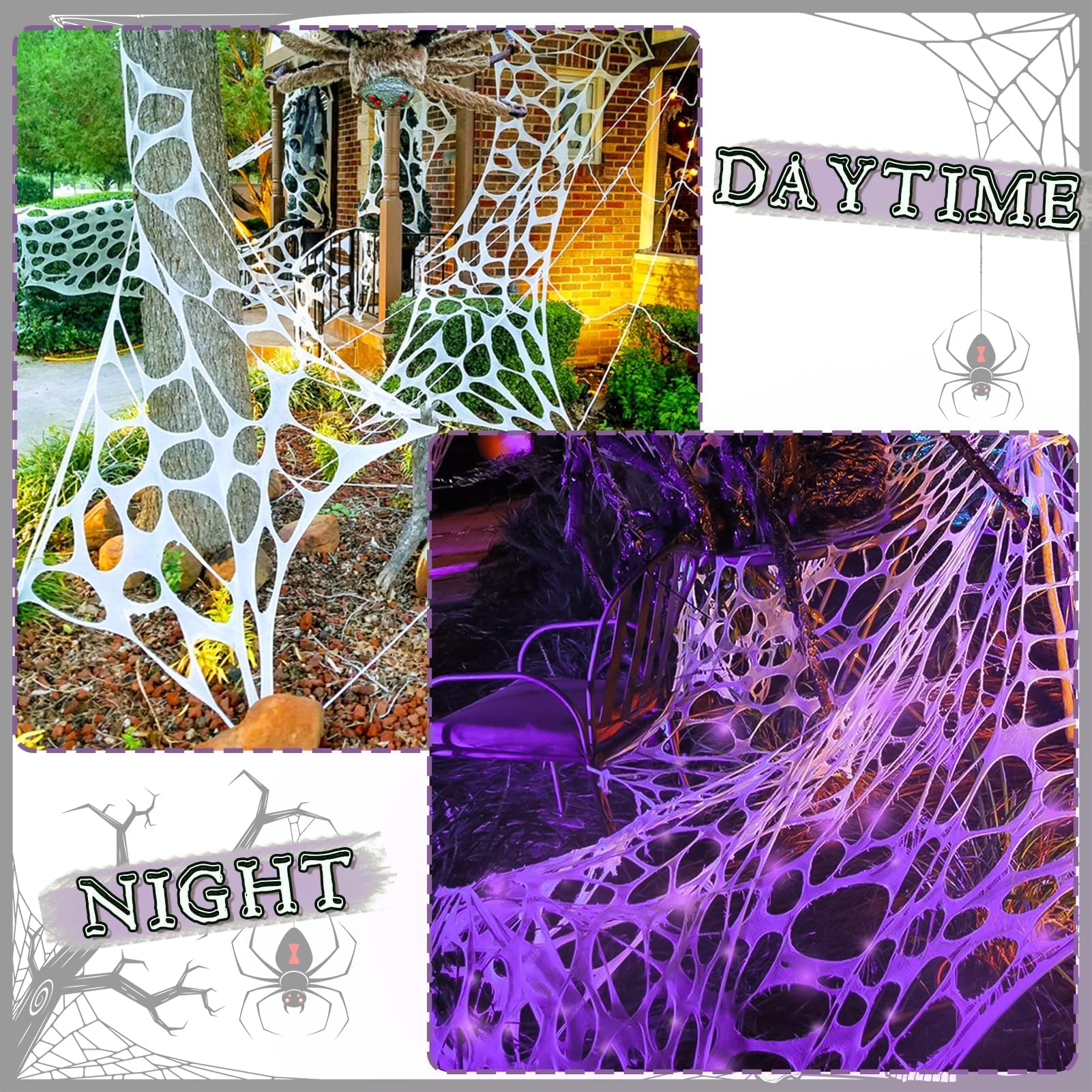 Beef Netting Spider Web for Halloween Outdoor Decoration White Stretchy Beef Netting Roll Spider Web with Purple LED String Lights for Light Up Scary Halloween Yard Garden Decorations