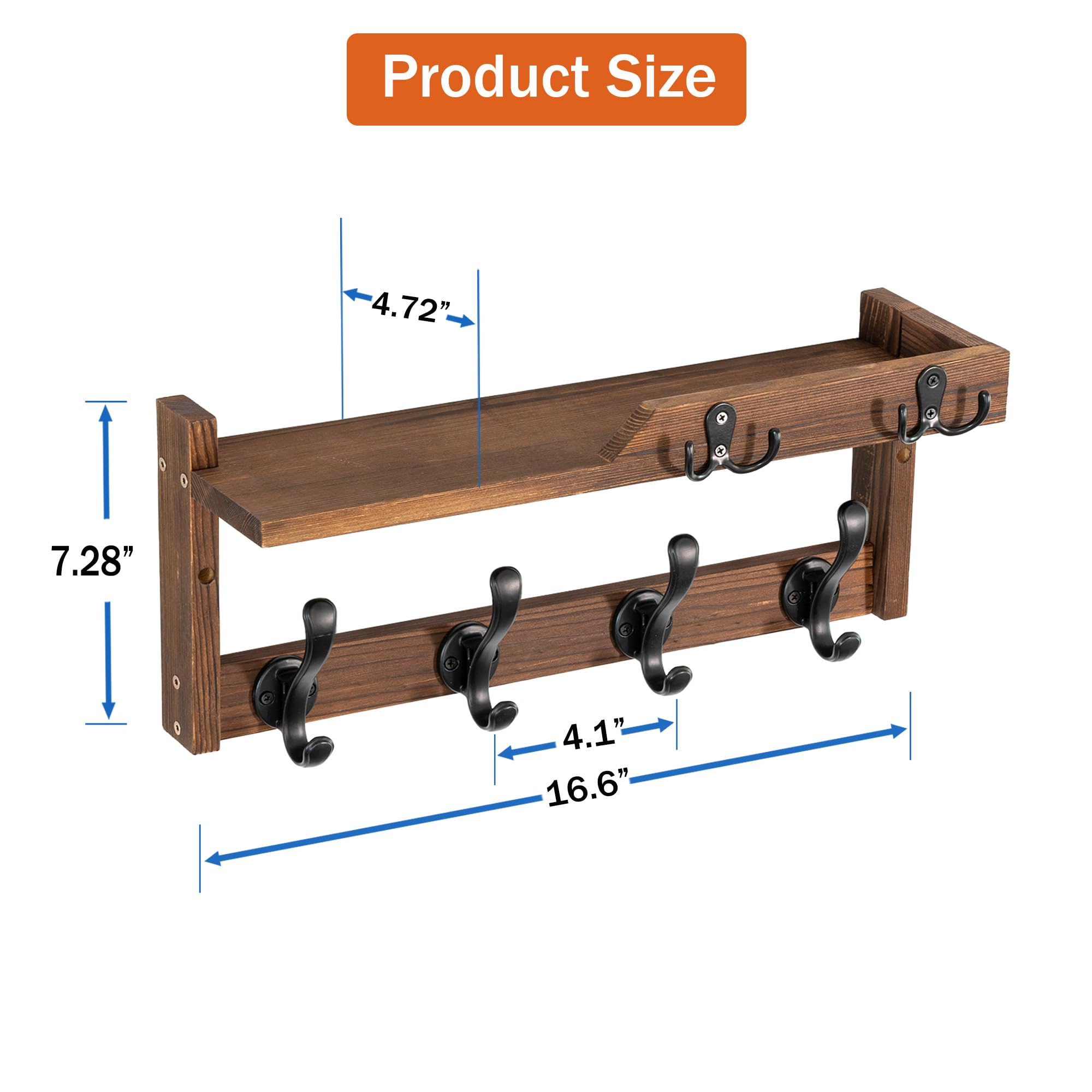 Coat Rack Wall Mount with Shelf, Coat Hanger Wall Mount with Key Hooks and Mail Holder, Wood Entryway Wall Floating Shelf with Hooks and Storage, Hat Rack for Wall Key Holder Mail Organizer