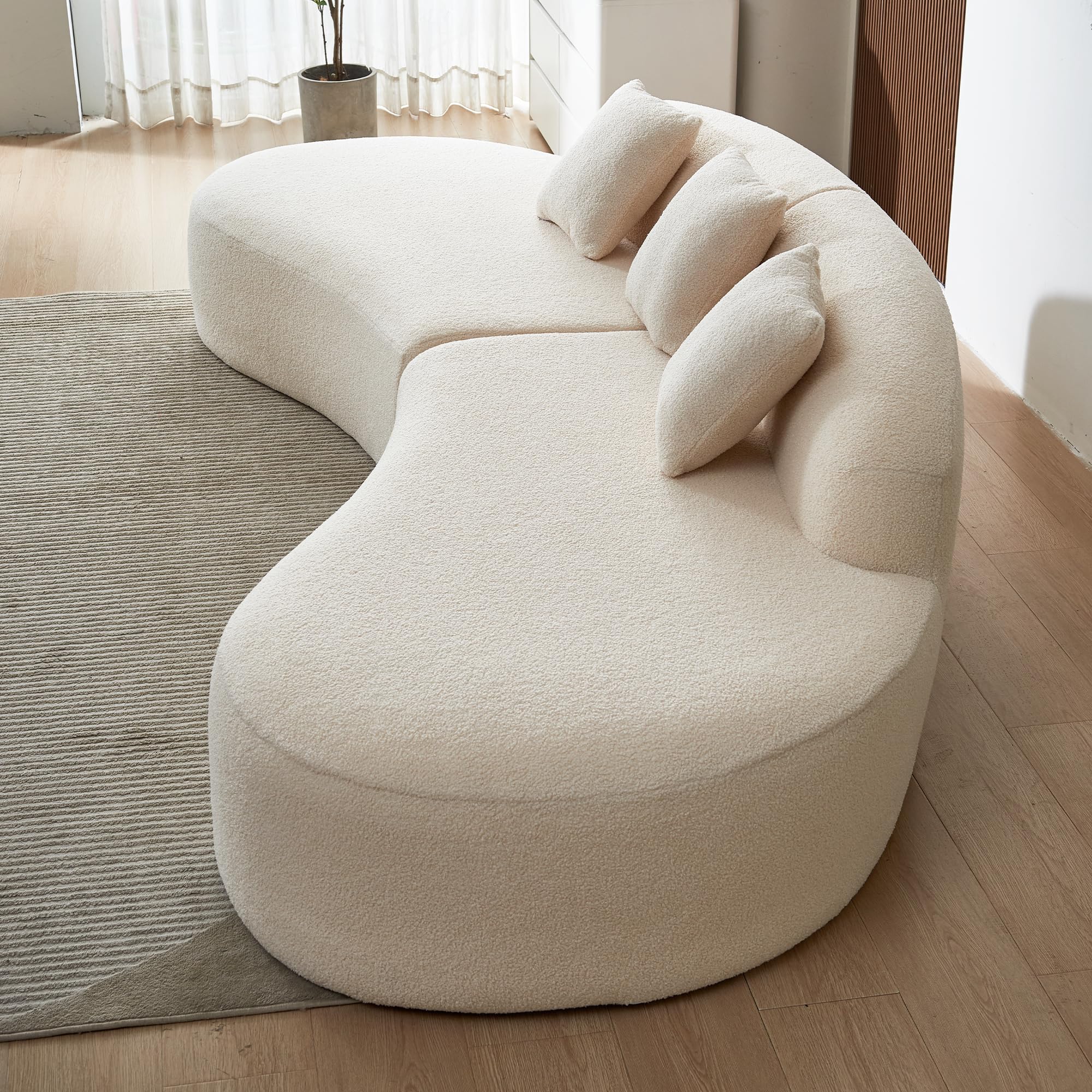 DAMAIFROM 119.29β Curved Sectional Sofa Couch, Comfy Sherpa Fabric Modern Upholstered Cloud Sofa with 3 Pillow, Oversized Couch for Living Room, Bedroom, Apartment, Beige