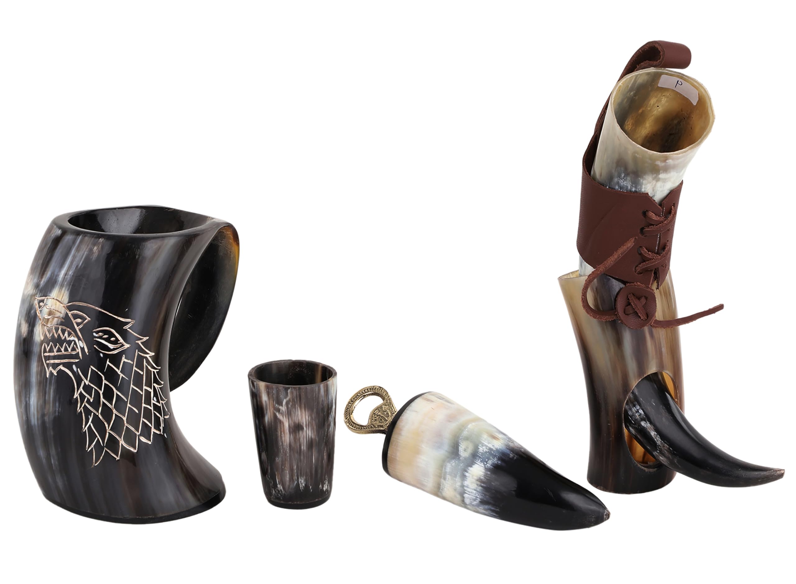 Brainmart Viking Drinking Horn Mug Set Dire Wolf Engraved Viking Gift for Men and Women Food Grade Medieval Style | Bottle Opener Shot Cup (6 Pcs Set)