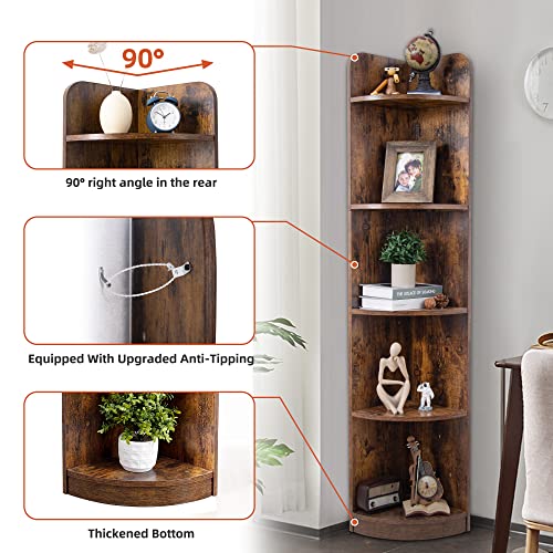 Fun Memories 5-Tier Corner Bookshelf - 63" Tall Modern FreeStanding Corner Bookcase - Durable Wood Corner Cabinet - Perfect for Living Rooms, Bedrooms and Offices - Brown