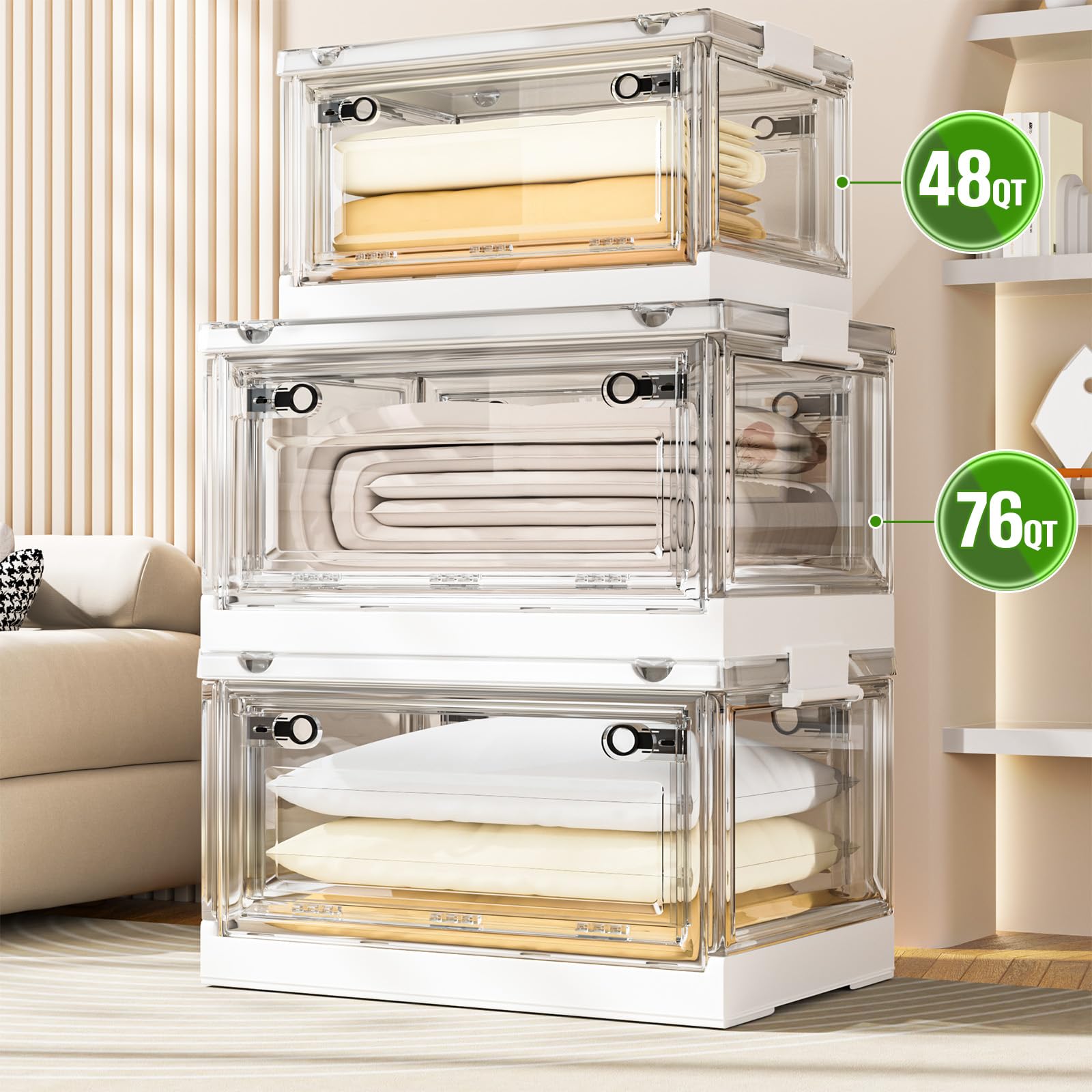 CTSNSLH 144QT Clear View Storage Bins with Lids, Stackable Storage Bins with Doors and Wheels, Storage Box, Large Closet Organizers and Storage for Home, Dorm