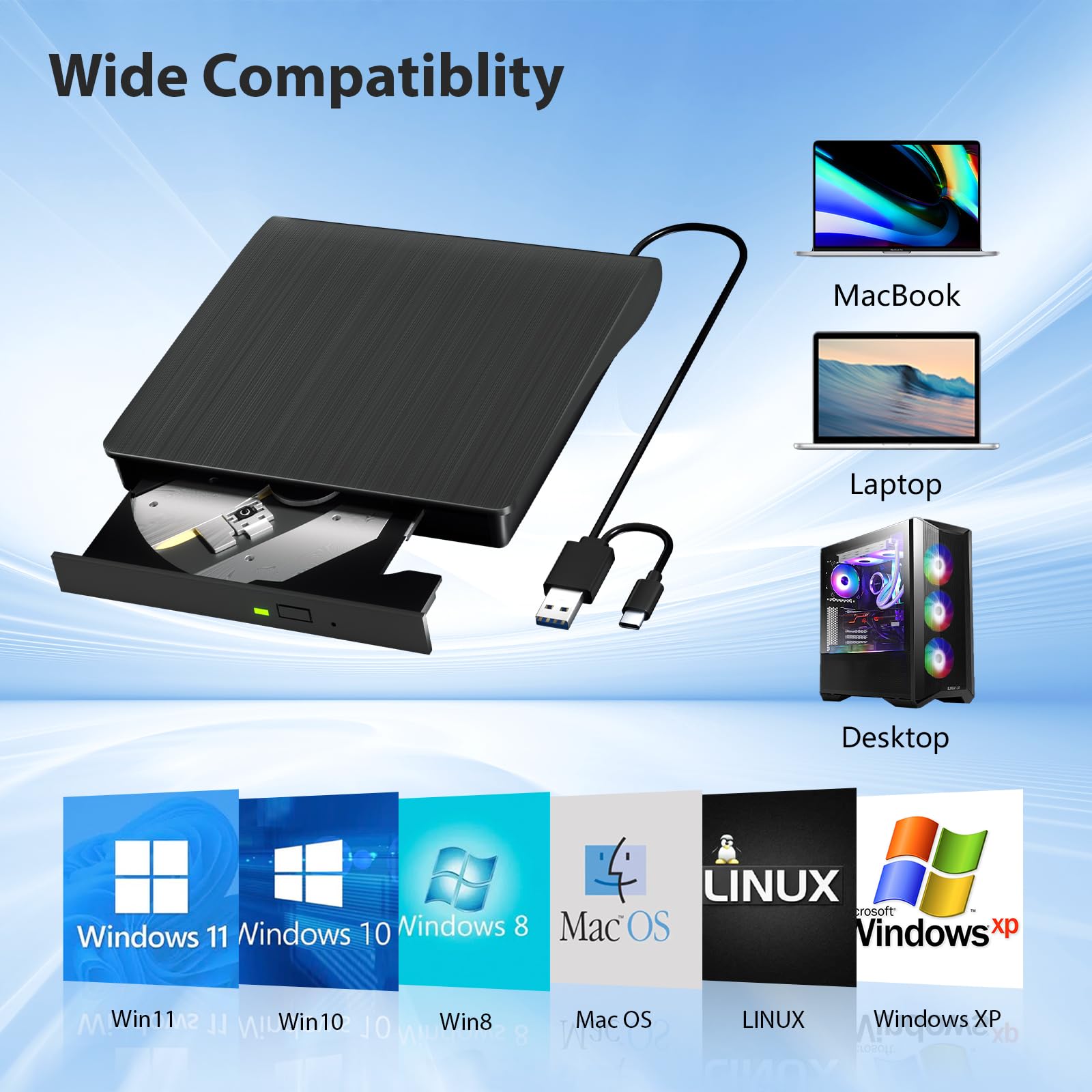 Yaeonku External CD DVD Drive, USB 3.0 Portable CD DVD +/-RW Optical Drive, DVD/CD ROM Rewriter Burner, Compatible with Laptop Desktop PC Windows Linux OS Mac