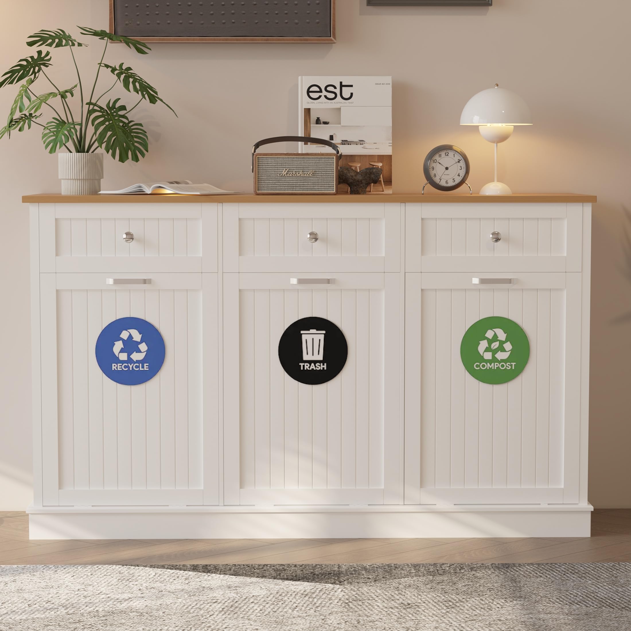 DalyLuxa Tilt Out Trash Can Cabinet, Freestanding Wooden Kitchen Trash Recycling Cabinet with Drawer & Wheels, Dog Proof Trash Can Cabinet, White
