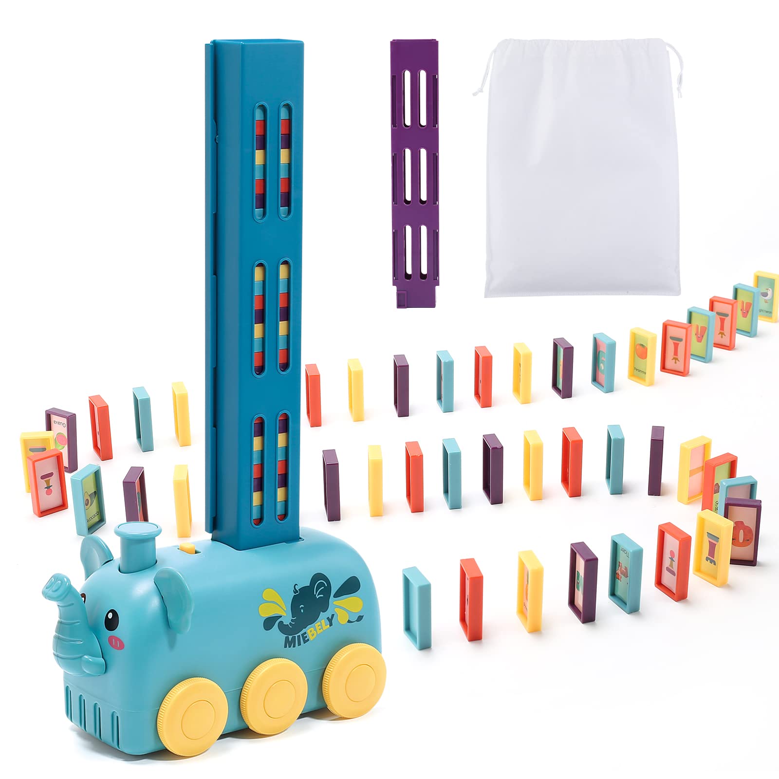 O WOWZON 3 in 1 Automatic Domino Train Toy-140 PCS Building and Stacking Electric Running Toys Light & Sound Trains, Colorful Fun Stickers and Chess Game,Storage Bag,Gift for Boys Girls kids