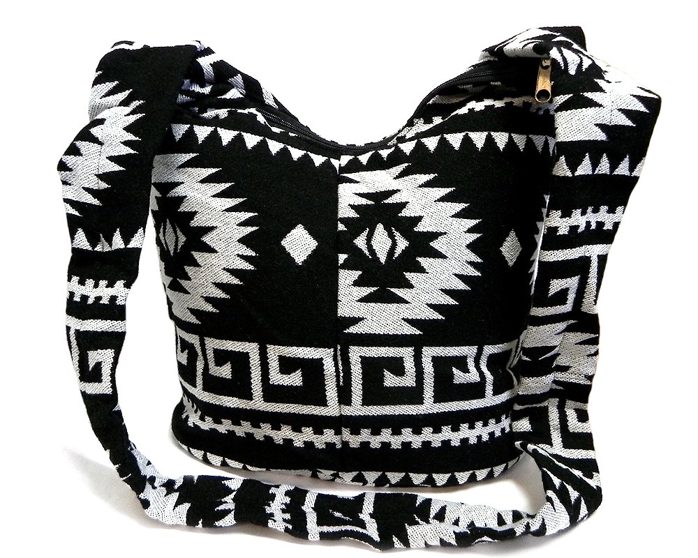 Large Aztec Tribal Print Pattern Material Lightweight Hobo Purse Crossbody Sling Bag - Womens Handmade Boho Accessories (Black/White)
