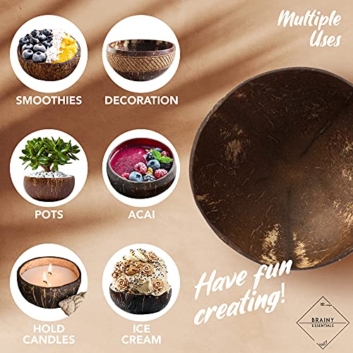 BRAINY ESSENTIALS Coconut Bowls Premium Gift Set: Includes - 2 Handmade Wooden Spoons + 2 Forks + 2 Bamboo straws for Smoothies, Buddha Bowls - Fruits - Salads, Cereal, Acai, Ice-cream