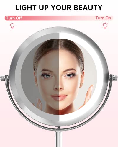Gospire 1x/10x Magnifying Lighted Makeup Mirror Double Sided Round Standing 360 Degree Swivel Vanity Mirror for Shaving Bathroom Battery Operated 7 Inch Diameter (Silver-Button Switch)