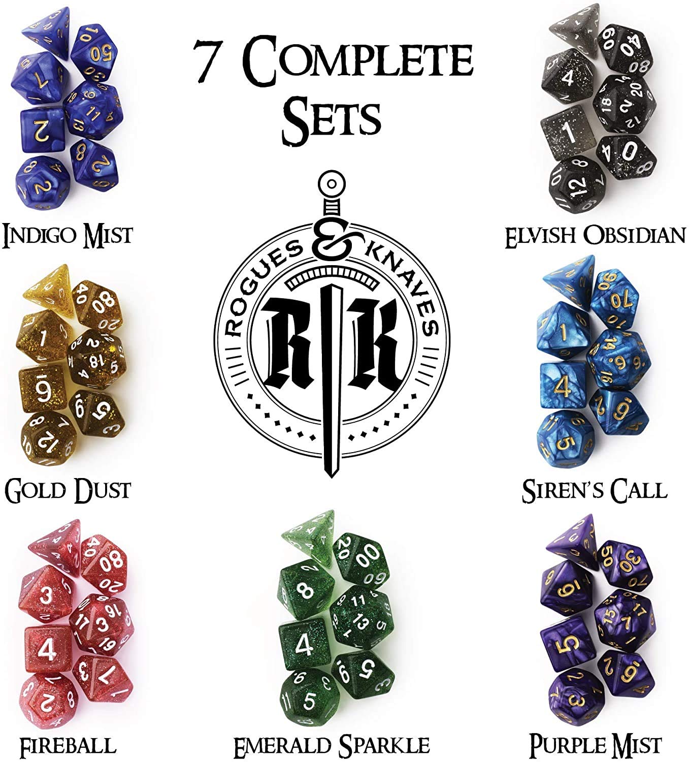 Large Dice Bag with 7 Complete Dice Sets | Dragon DND Dice Bag and 49 Polyhedral Dice | Black Dice Bag with Pockets