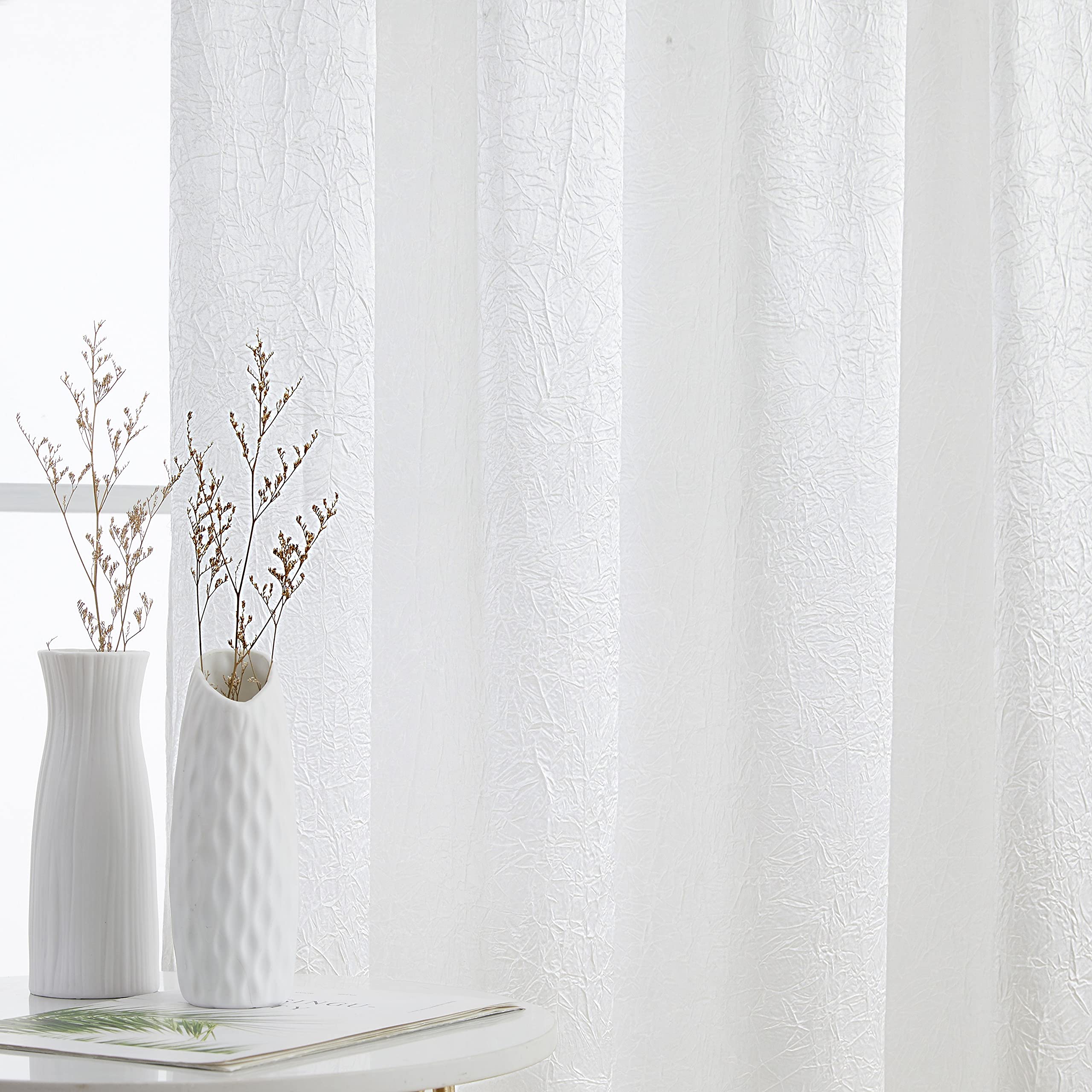 HLC.ME Bello Crushed Satin Semi Sheer Privacy Light Filtering Transparent Window Pocket Hole Curtains Drapery Panels for Bedroom & Living Room, 2 Panels (54 W x 84 L, White)