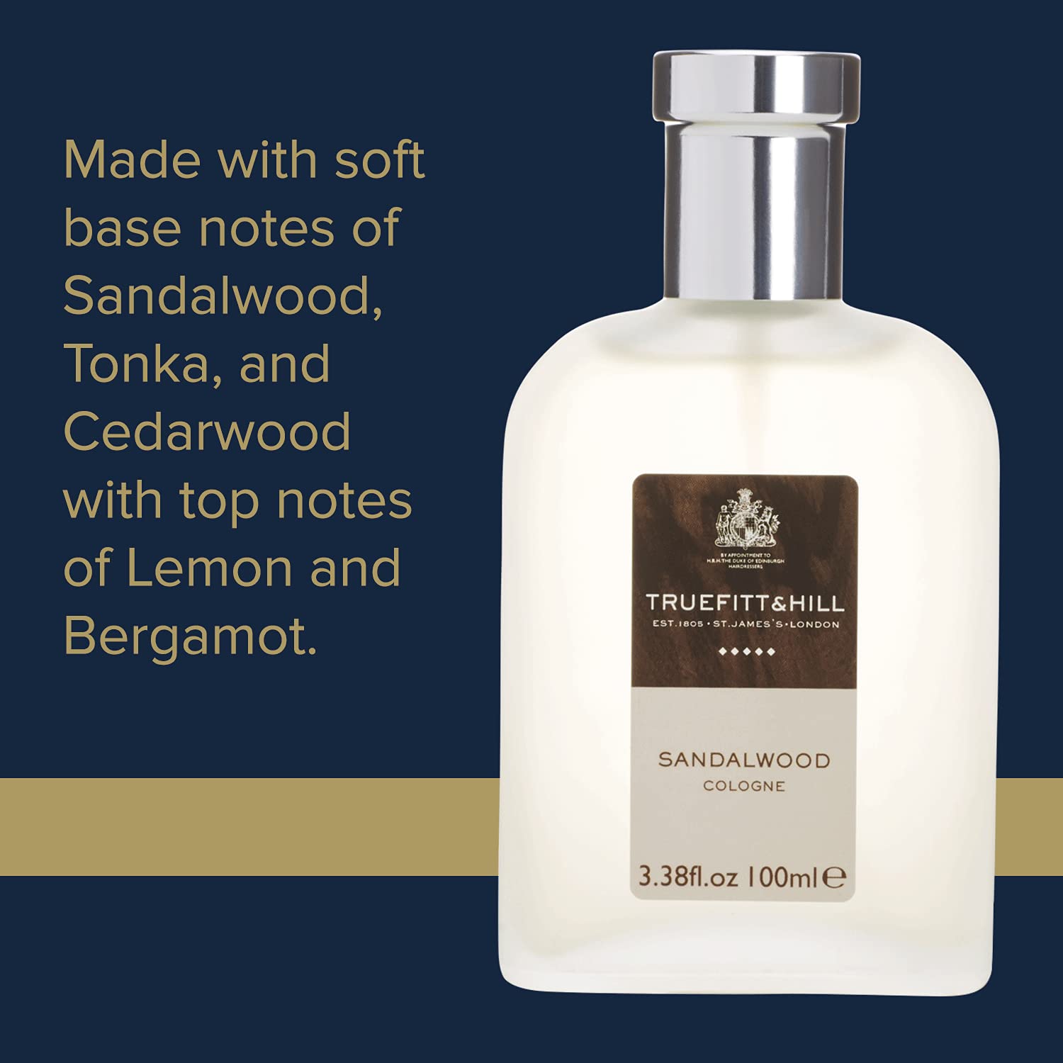 Truefitt & Hill Luxury Cologne - Sandalwood - Premium Long-Lasting Sandalwood and Cedarwood Men's Fragrance Presented in a Beautifully Etched Traditional Atomizer Bottle - 3.38 oz.