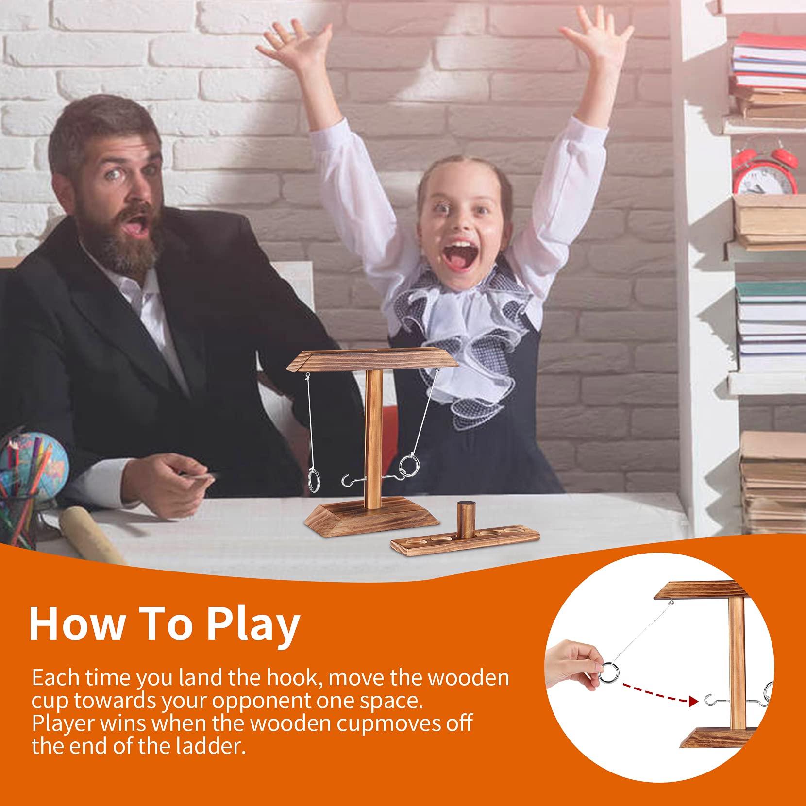 Large Hook and Ring Game- Ring Toss Game for Adults Kids, Ring Hook Game with Shot Leader, 2 Player Handmade Wooden Ring Swing Hook Game Fast-Paced Interactive Game for Home Outdoor
