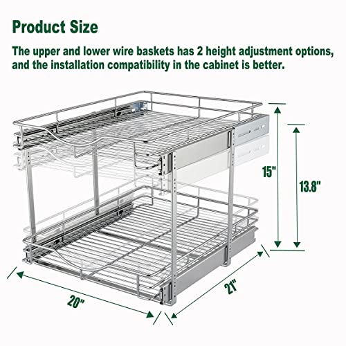 DINDON 2 Tier Pull Out Cabinet Organizer (20" W X 21" D), Double Tier Wire Basket Slide Out Shelf Storage for Kitchen Base Cabinet Organization for Kitchen, Pantry, Bathroom, Chrome