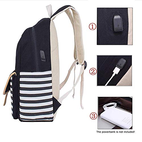 EZYCOK School Backpack for Teen Girls Women with USB Charging Port, Lightweight Canvas Backpack College Bookbag with Lunch Bag and Pencil Case, Black