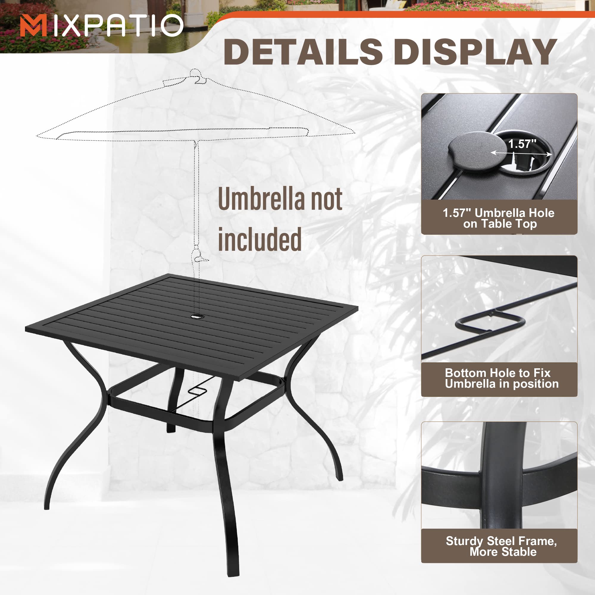 MIXPATIO 5 Pieces Patio Dining Set, 4 People Outdoor Furniture Set, 37" Square Metal Table with 1.57" Umbrella Hole, 4 Padded Textilene Standard Chairs,for Deck Garden Backyard Lawn Poolside