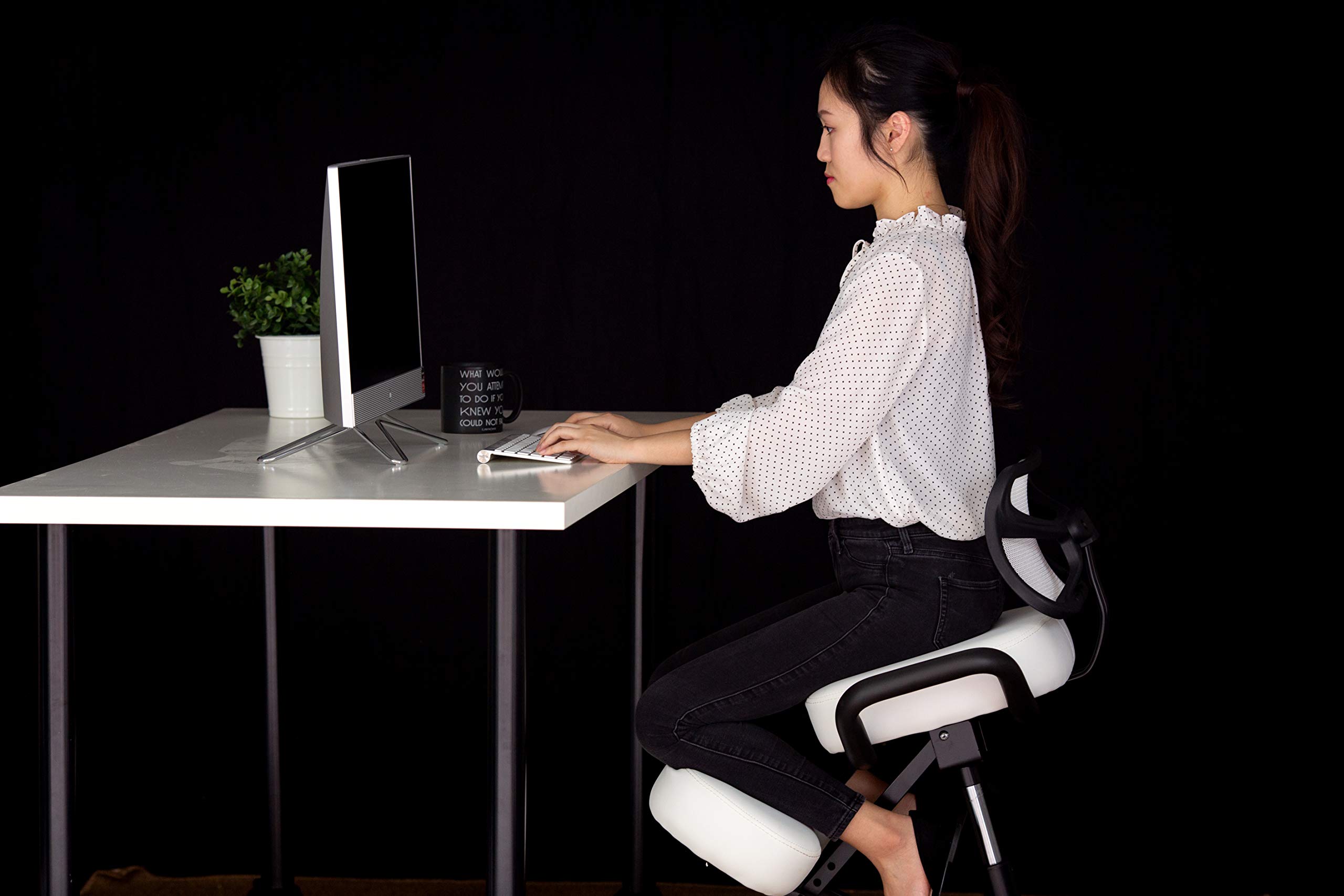 Beautiful Ergonomic Kneeling Chair with Thick Leather Cushions, Pneumatic Height Adjustment, Back Support, Side Handles, Back Pain Relief, Work from Home & Office, Stork [Updated August 2021]