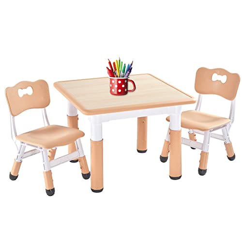 FUNLIO Kids Table and 2 Chairs Set, Height Adjustable Toddler Table and Chair Set for Ages 3-8, Easy to Wipe Arts & Crafts Table, for Classrooms/Daycares/Homes, CPC & CE Approved (3pcs Set) - Natural
