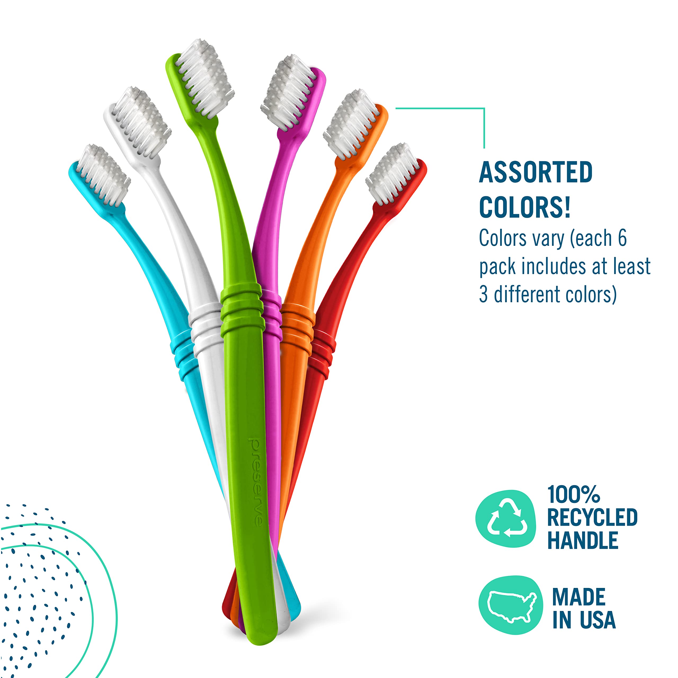 Preserve Eco Friendly Adult Toothbrushes, Made in The USA from Recycled Plastic, Ultra Soft Bristles, Paperboard Package, Colors Vary, 6 Count (Medium)