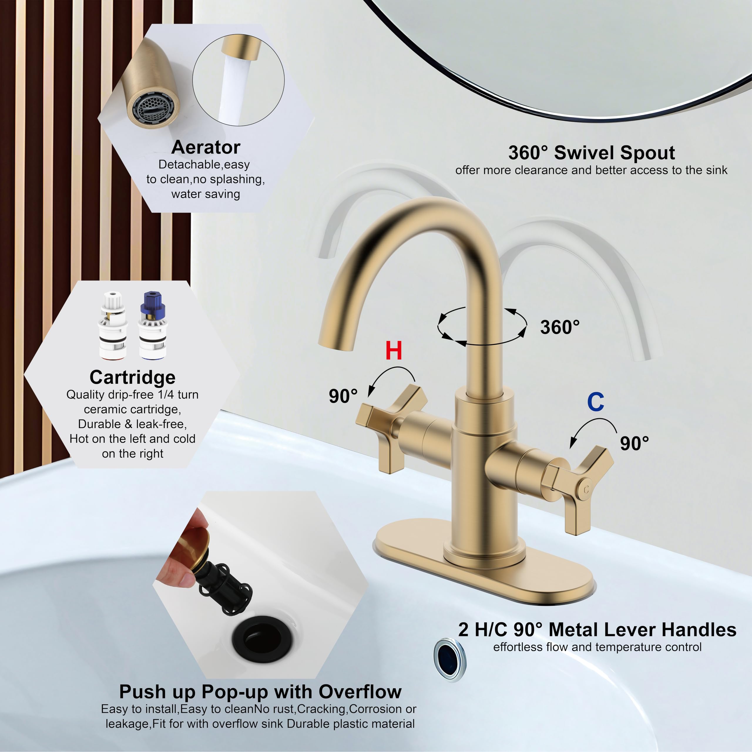 Derengge Brushed Gold Bathroom Faucet,Two-Handle Bathroom Sink Faucet Water Supply Line,Single Hole Lavatory Vantity Faucet,F-0081-CS