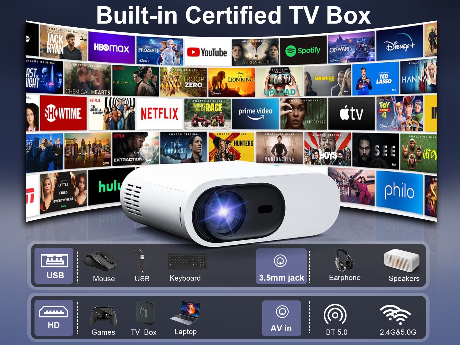 Auto Focus FHD 1080P/4K Smart Projector 700ANSI & 15000 lumens, BT5.0, Android 10 LED Home Movie Projectors, Built-in Certified TV Box Support 8000+ Apps, Compatible with Stick/iPhone/Laptop