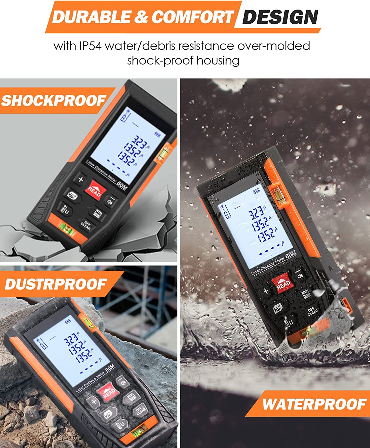 Classic Laser Measure,Digital Laser Measure w/2 Bubble Levels, M/in/Ft/Ft+in Unit Change, Large Backlit LCD, IP54 Shockproof & Waterproof, Live Measuring, Area, Volume, Pythagoras