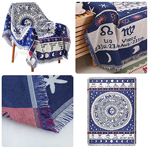 Edcooy Astrology Throw Blanket，Bohemian Hippie Woven Witchy Zodiac Celestial Constellation Balnket for Home Decor, Double Side CoverChair Sofa Couch(Blue, 50" x 70") (71''x91'')