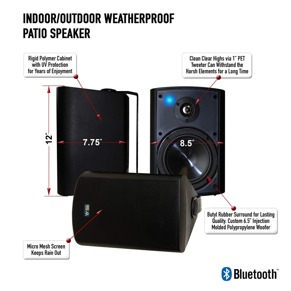 Sound Appeal Wireless Outdoor Speakers, 6.5" Bluetooth Weatherproof Speakers for Deck Patio Backyard, Pair (Black)