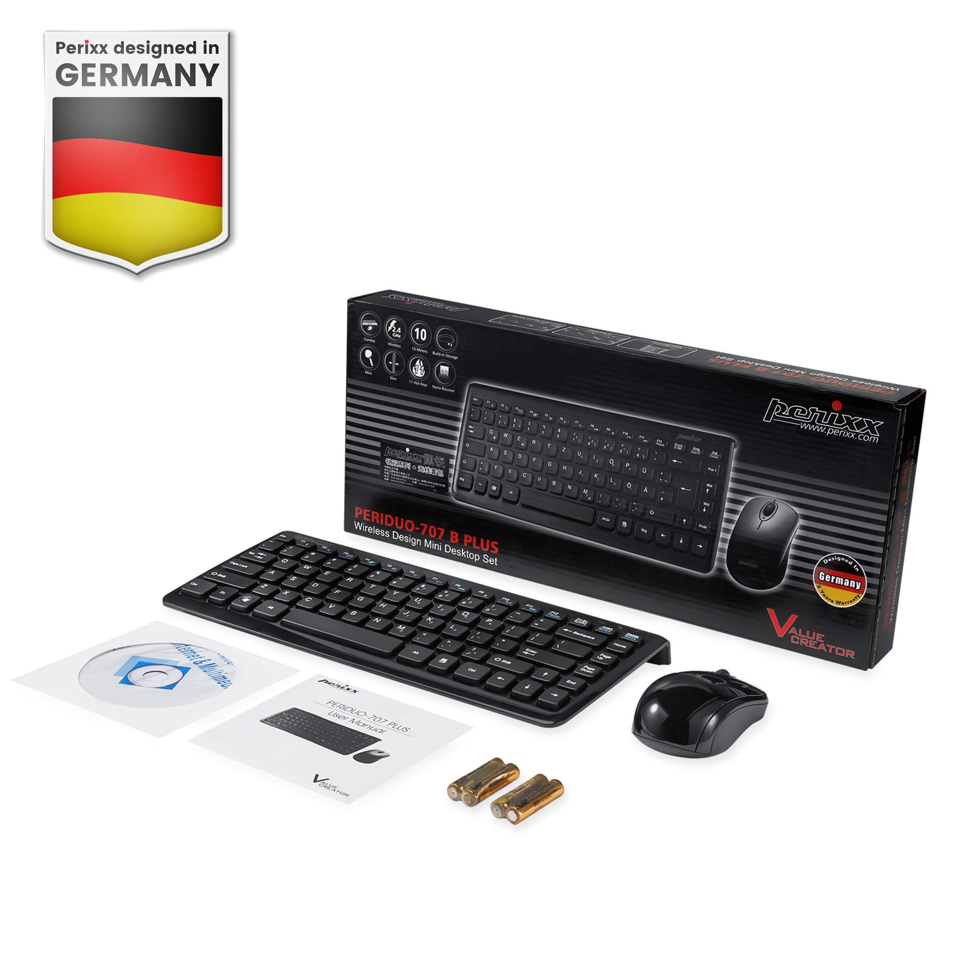 Perixx Periduo-707 Wireless Mini Keyboard and Mouse Set, Piano Black, US English Layout, 10900