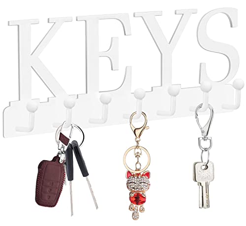 HLWDFLZ Key Holder for Wall - Wall Mounted Key Hangers with 7 Key Hooks, Wall Decorative Organizer Rack for Entryway Mudroom Front Door Kitchen Hallway Office 10 X 4 inches (White Keys)